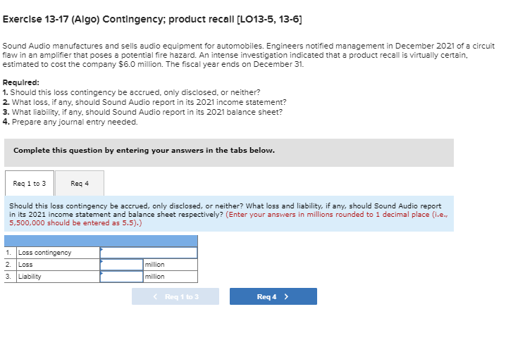 Solved Exercise 13-17 (Algo) Contingency; product recall | Chegg.com