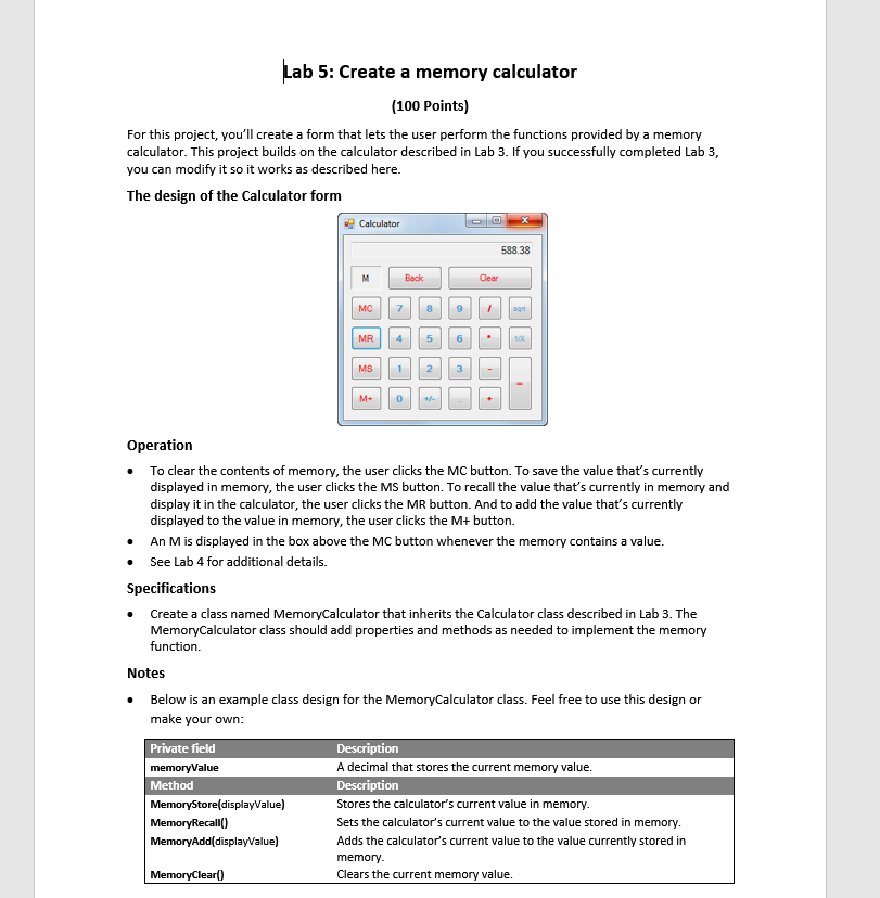 Lab 5: Create a memory calculator (100 Points) For | Chegg.com