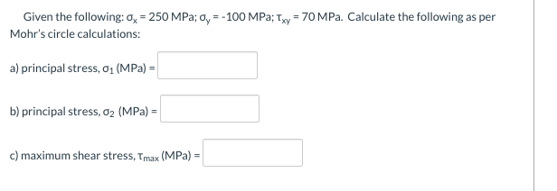 Solved Given the following: 0x = 250 MPa; =-100 MPa; Txy = | Chegg.com