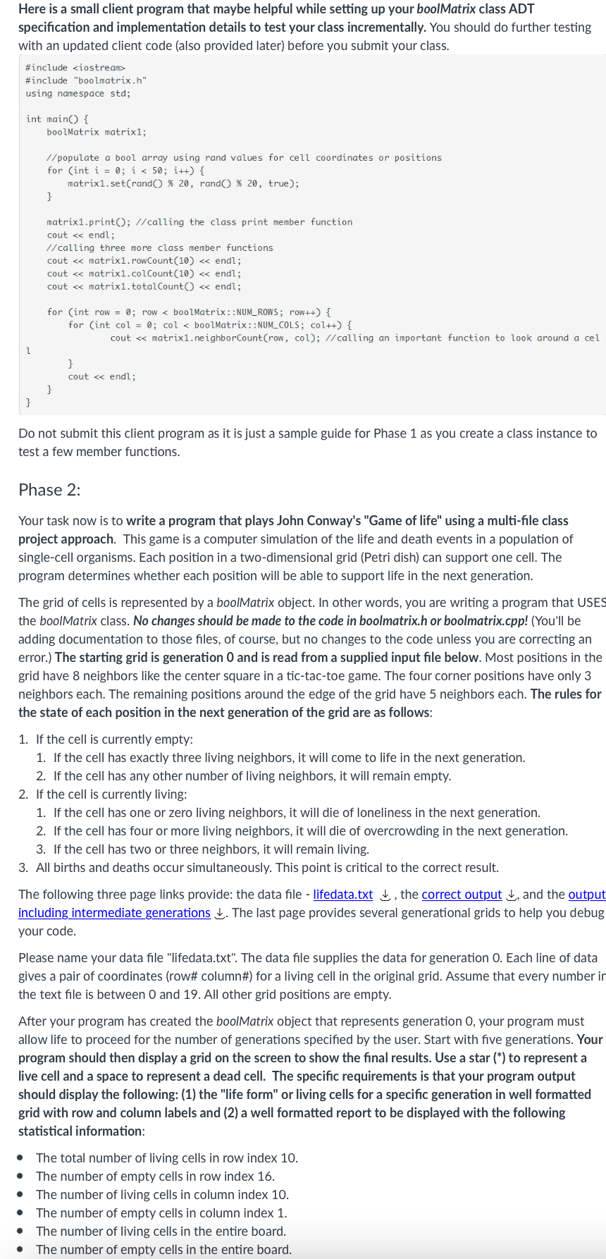 Solved Project 3: Game of Life Program [60 points] Phase 1: | Chegg.com
