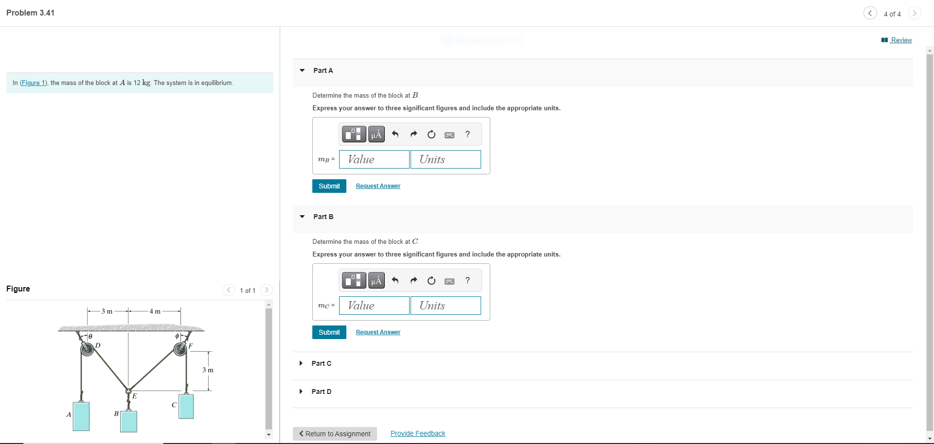 Solved In (Figure 1), the mass of the block at A is 12 kg. | Chegg.com