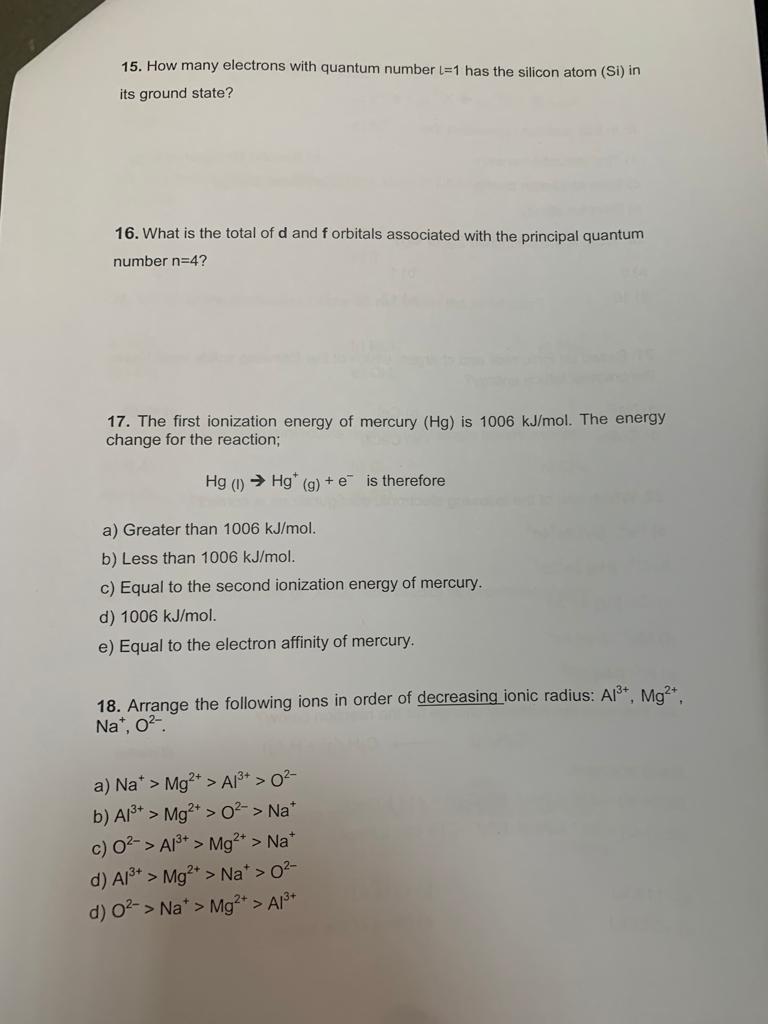 Solved 15. How many electrons with quantum number 1=1 has | Chegg.com