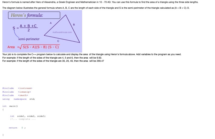 Solved Heron's formula is named after Hero of Alexendria, a | Chegg.com