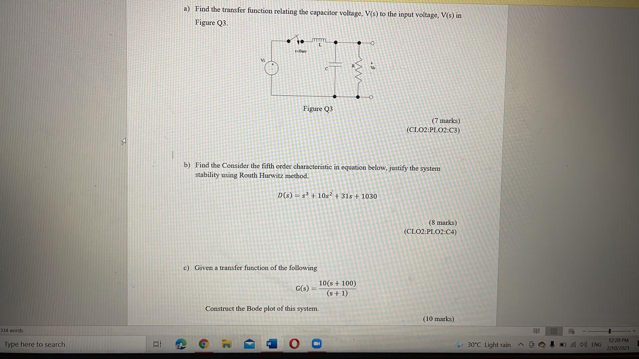 Solved a) Find the transfer function relating the capacitor | Chegg.com