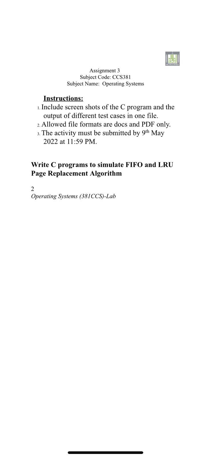 Solved LA Assignment 3 Subject Code: CCS381 Subject Name: | Chegg.com