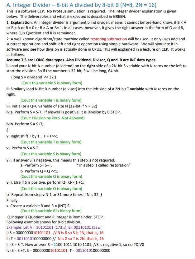 Solved A. Integer Divider - 8-bit A divided by 8-bit B (N=8, | Chegg.com