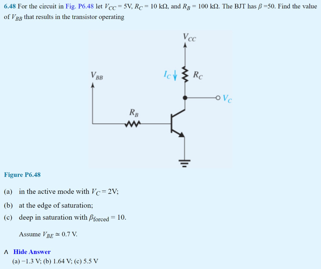 Solved 6.48 For the circuit in Fig. P6.48 let Vcc= 5V, Rc = | Chegg.com