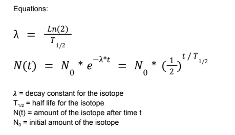 Solved Equations: λ = Ln(2) T 1/2 t/T 1/2 -2*t N(t) = N. * = | Chegg.com