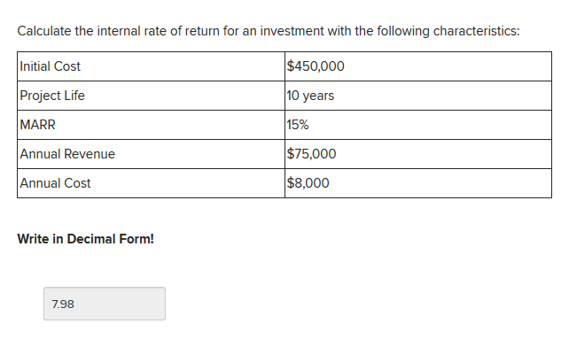 Solved Calculate the internal rate of return for an | Chegg.com