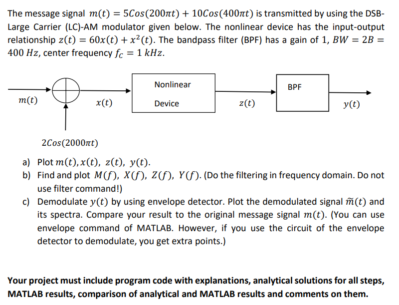 Solved The message signal m(t)=5Cos(200πt)+10Cos(400πt) ﻿is | Chegg.com