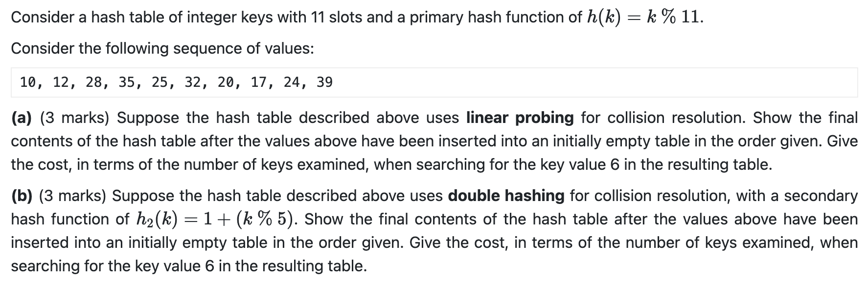 Solved Consider A Hash Table Of Integer Keys With 11 Slots 8806