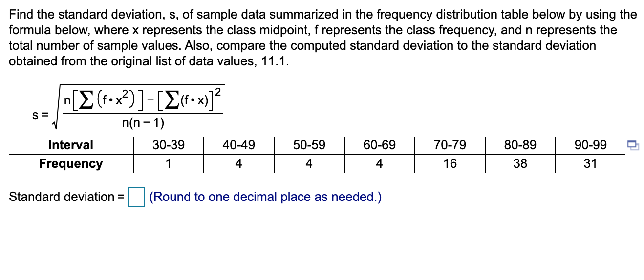 Solved Find the standard deviation, s, of sample data | Chegg.com