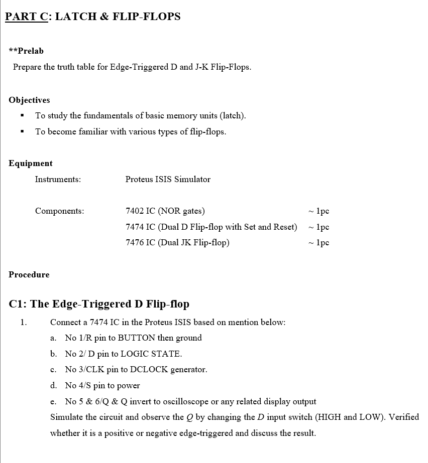 Solved PART C: LATCH & FLIP-FLOPS **Prelab Prepare the truth | Chegg.com