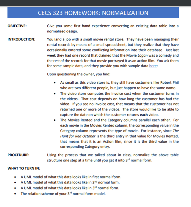 CECS 323 HOMEWORK: NORMALIZATION OBJECTIVE: Give you | Chegg.com