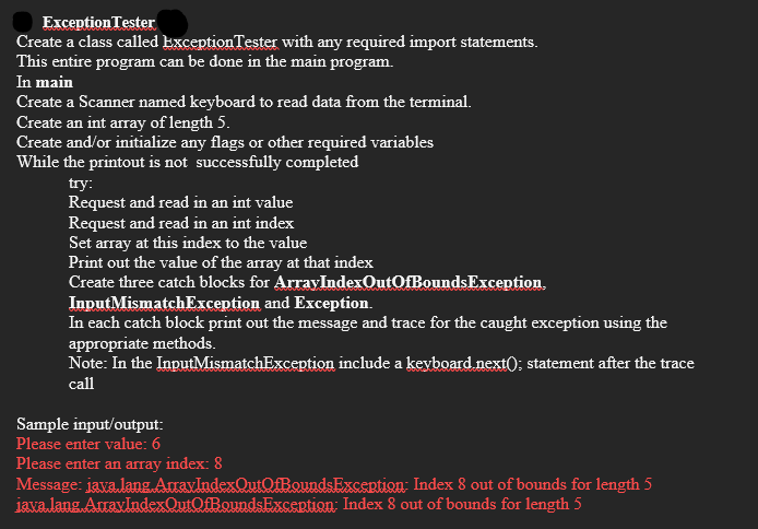 Solved ExceptionTester Create a class called ExceptionTester | Chegg.com