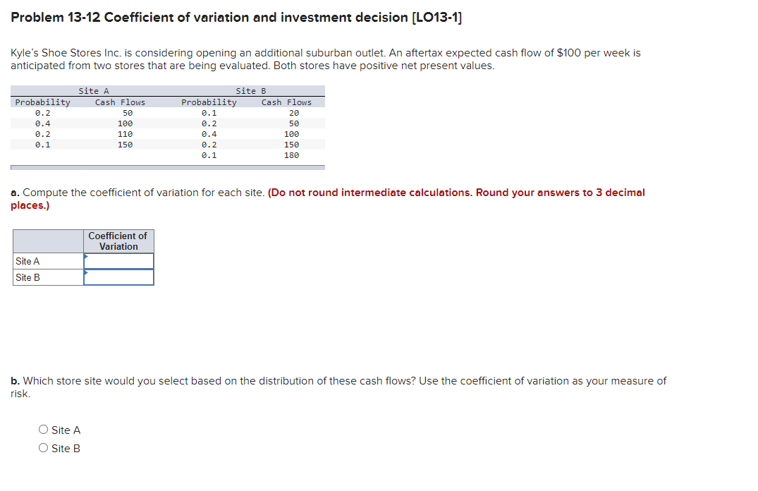 Solved Problem 13-12 Coefficient of variation and investment | Chegg.com