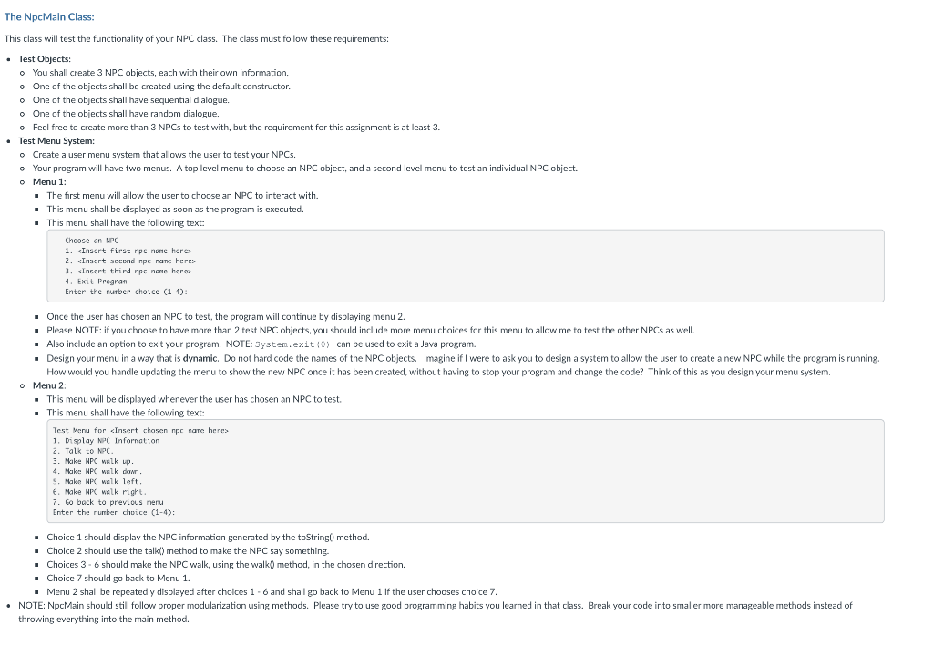Solved Purpose: You have been tasked to design an NPC class | Chegg.com