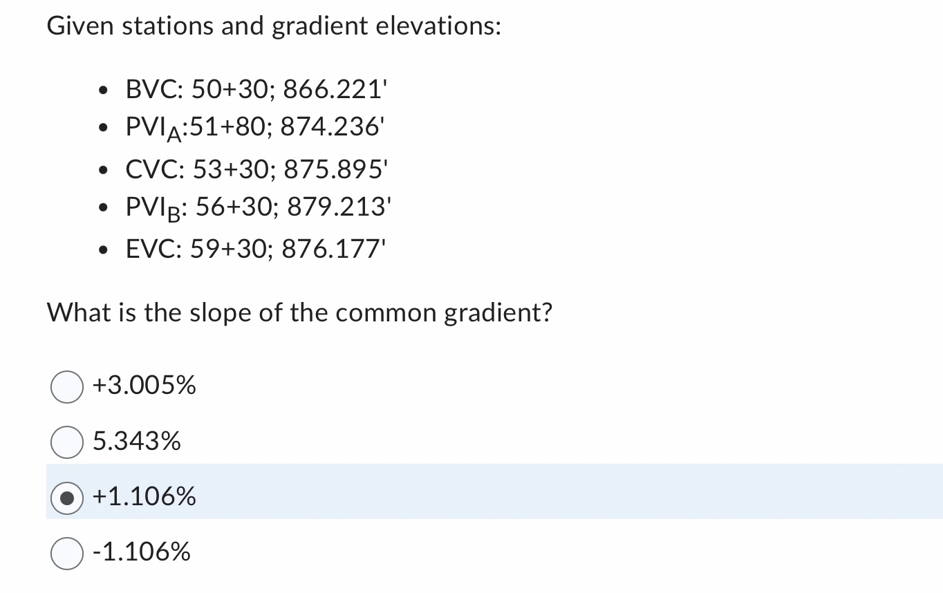 Solved Given stations and gradient elevations: - BVC: 50+30; | Chegg.com