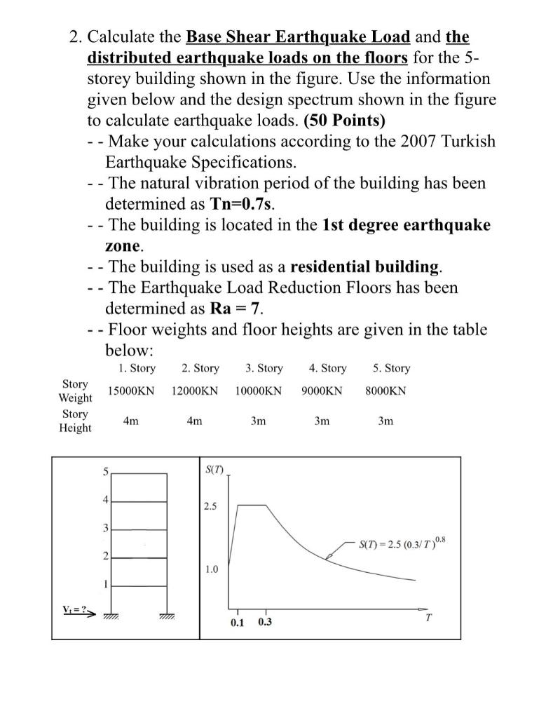 Solved 2. Calculate the Base Shear Earthquake Load and the | Chegg.com