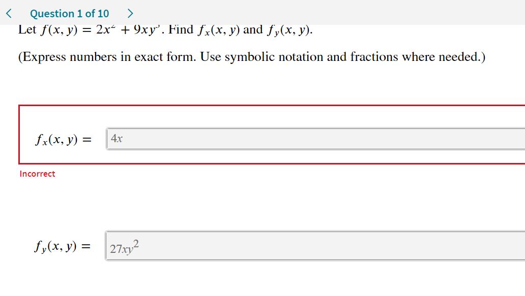 Solved Question 1 ﻿of 10Let f(x,y)=2x?