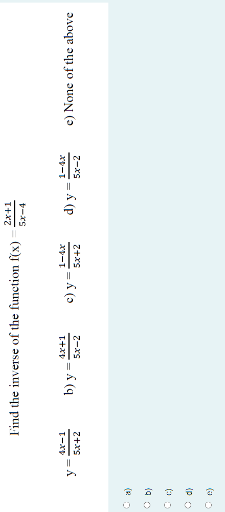Solved Find the inverse of the function f(x)=5x−42x+1 | Chegg.com