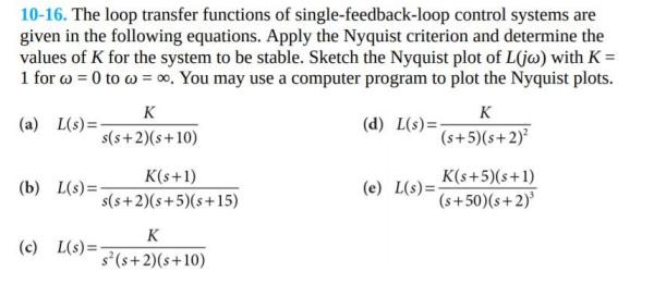 Solved 10-16. The loop transfer functions of | Chegg.com