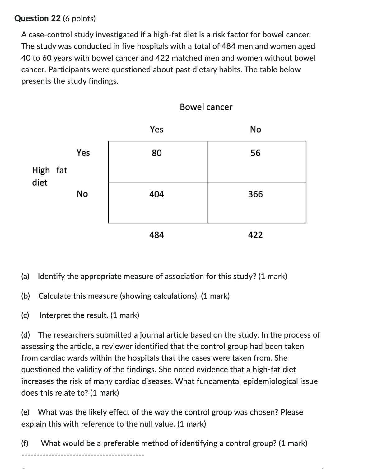 Solved Question 22 (6 points) A case-control study | Chegg.com