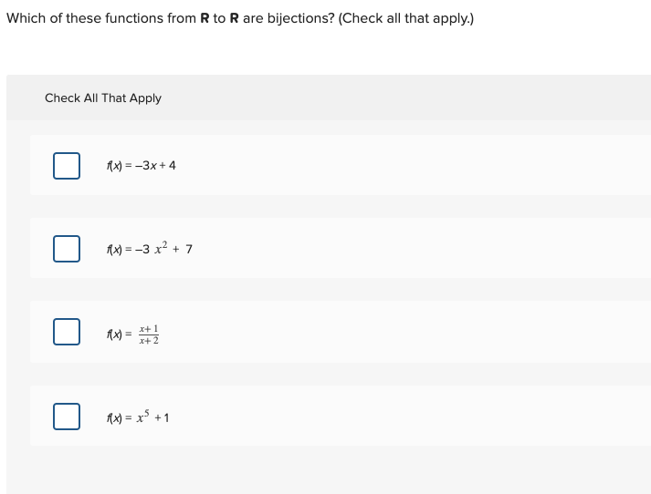 Solved Which of these functions from R to R are bijections? | Chegg.com