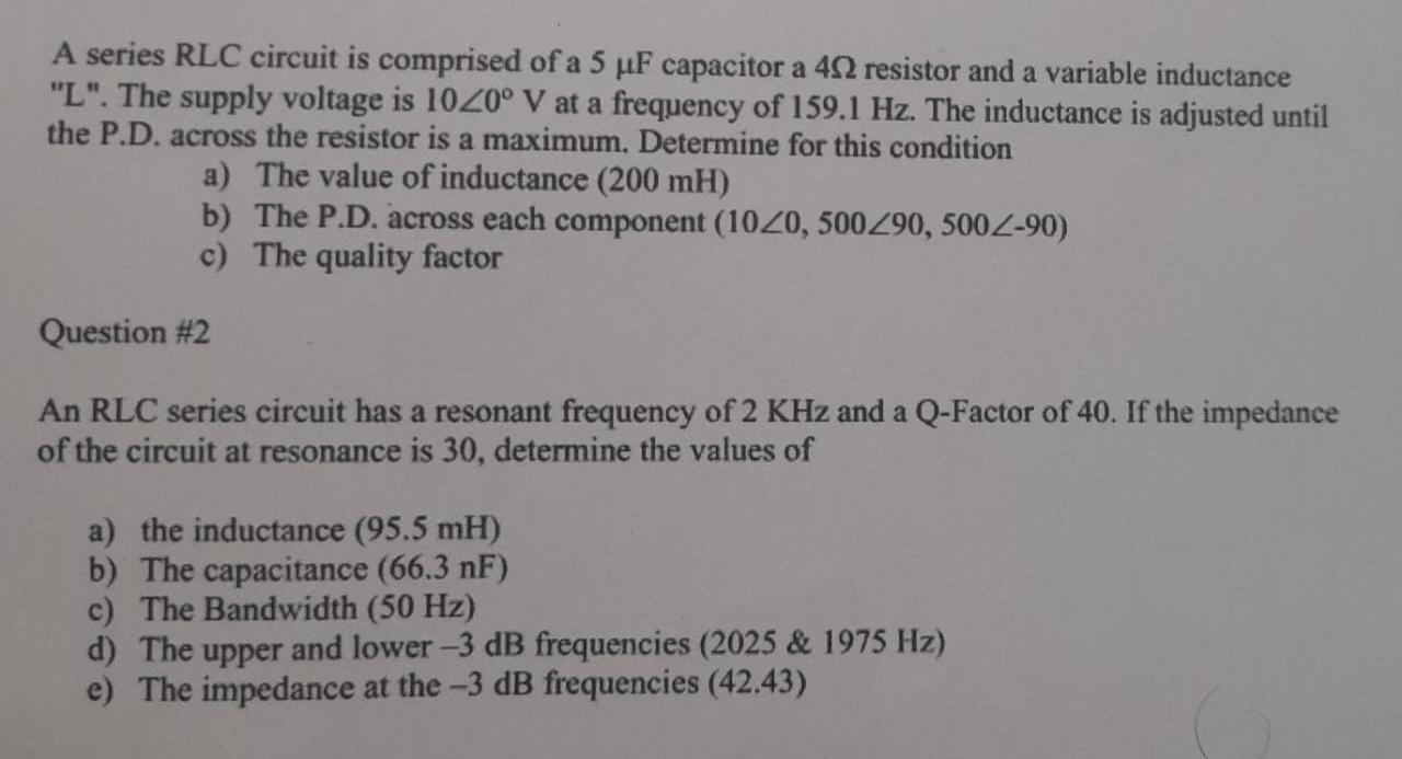 Solved A series RLC circuit is comprised of a 5μF capacitor | Chegg.com
