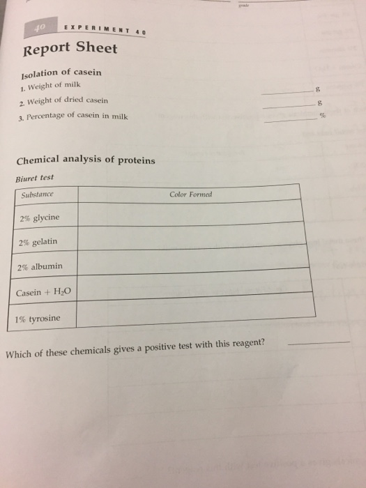 EXPER Report Sheet Isolation of casein 1. Weight of | Chegg.com