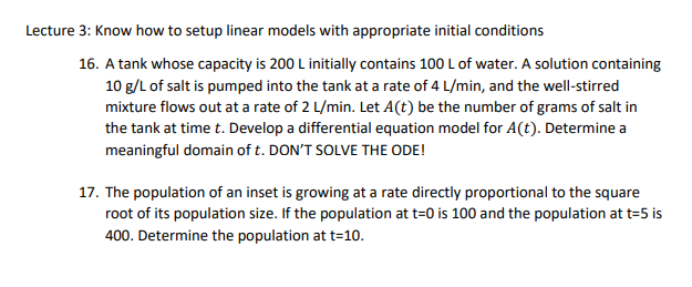 Solved Lecture 3: Know how to setup linear models with | Chegg.com