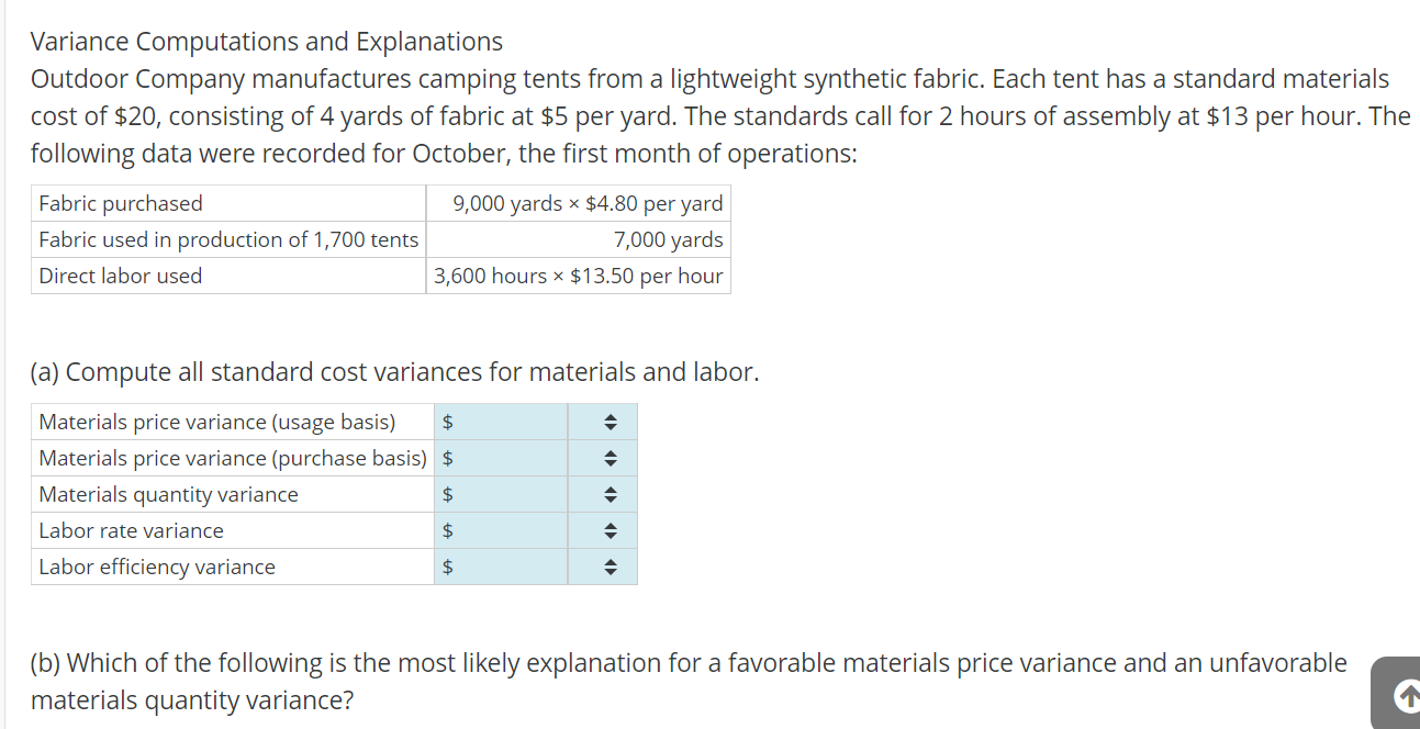 Solved Variance Computations and Explanations Outdoor | Chegg.com