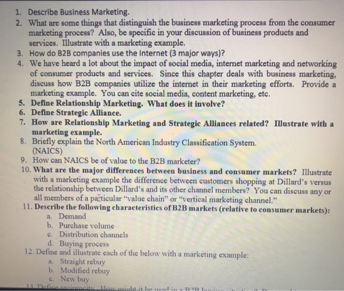 Solved 1. 2. Describe Business Marketing. What are some | Chegg.com