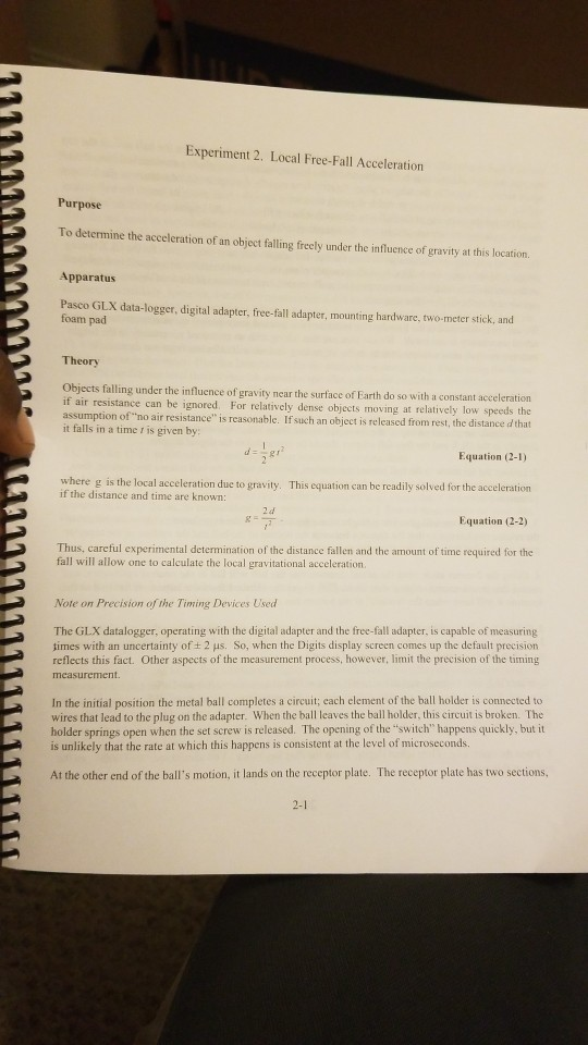 Experiment 2. Local Free-Fall Acceleration Purpose To | Chegg.com