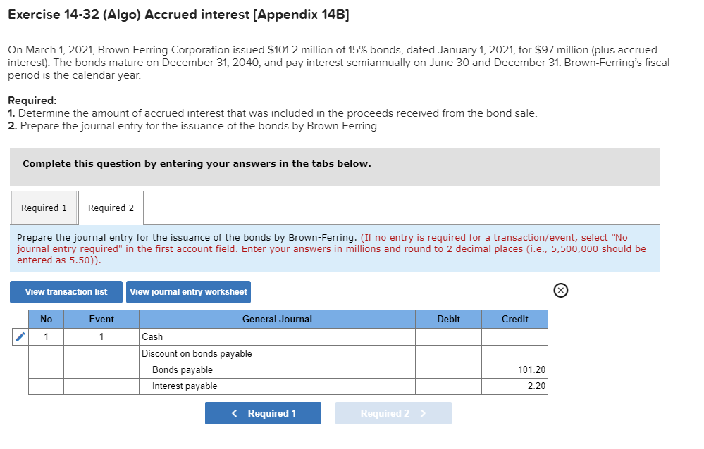 Solved Exercise 14-32 (Algo) Accrued interest (Appendix 14B] | Chegg.com
