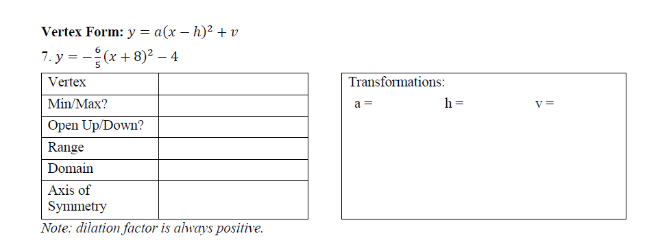 Solved Vertex Form: y=a(x−h)2+v 7. y=−56(x+8)2−4 Note: | Chegg.com