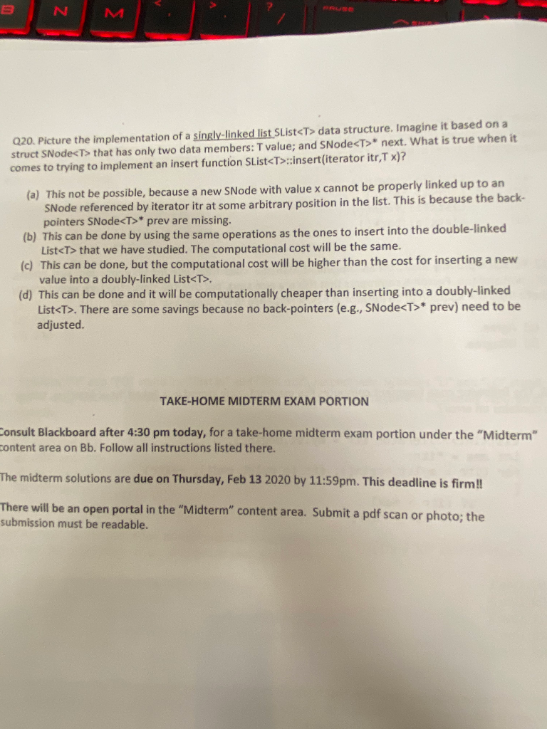 M Q20. Picture the implementation of a singly-linked | Chegg.com