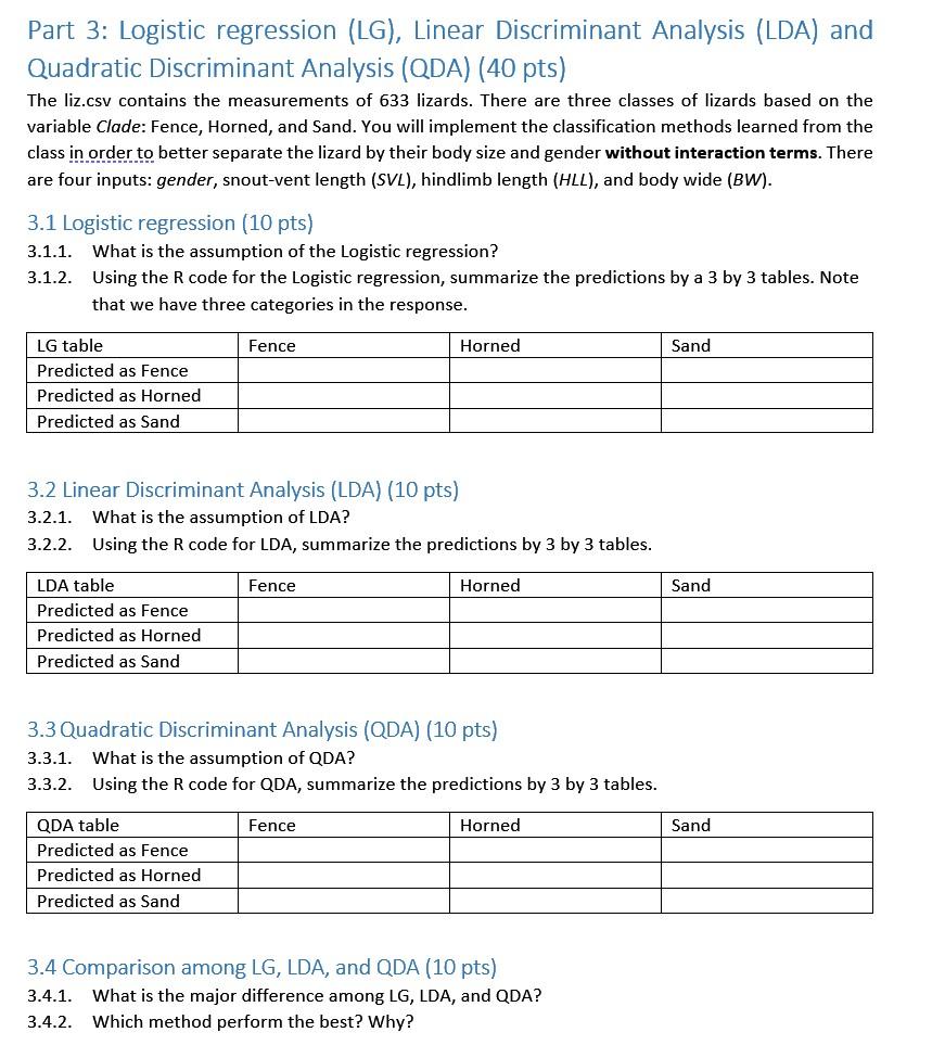 Part 3: Logistic regression (LG), Linear Discriminant | Chegg.com
