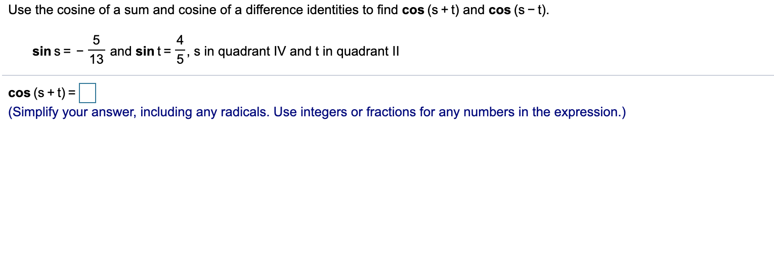 Solved Use the cosine of a sum and cosine of a difference | Chegg.com
