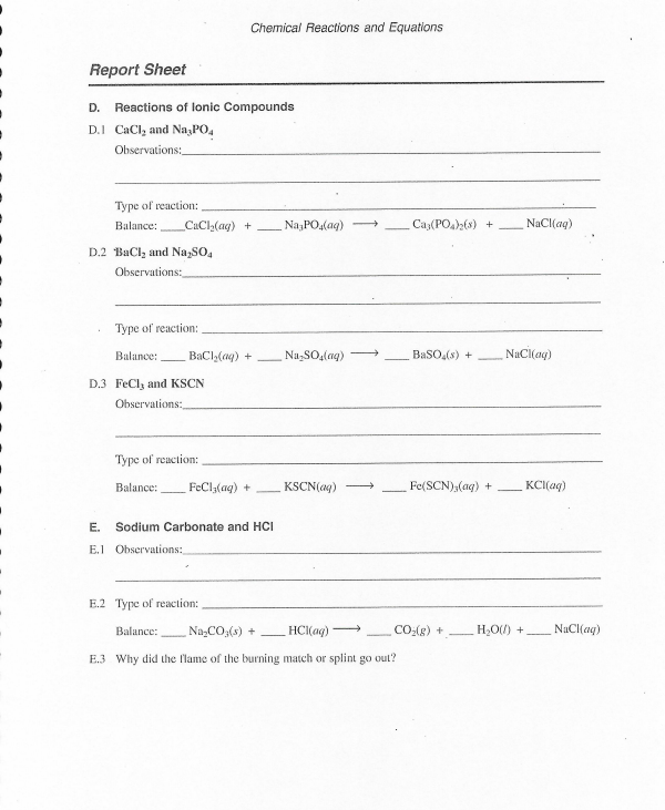 Solved Chemical Reactions and Equations Report Sheet D. | Chegg.com