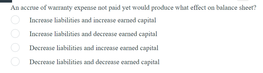 Solved An accrue of warranty expense not paid yet would | Chegg.com