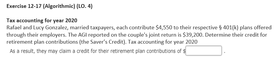 Solved Exercise 12-17 (Algorithmic) (LO. 4) Tax accounting | Chegg.com Solved Exercise 12-17 (Algorithmic) (LO. 4) Tax accounting | Chegg.com