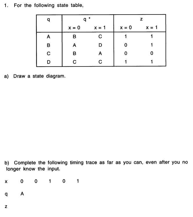 Solved 1. For the following state table, a) Draw a state | Chegg.com