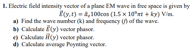 Solved 1. Electric field intensity vector of a plane EM wave | Chegg.com