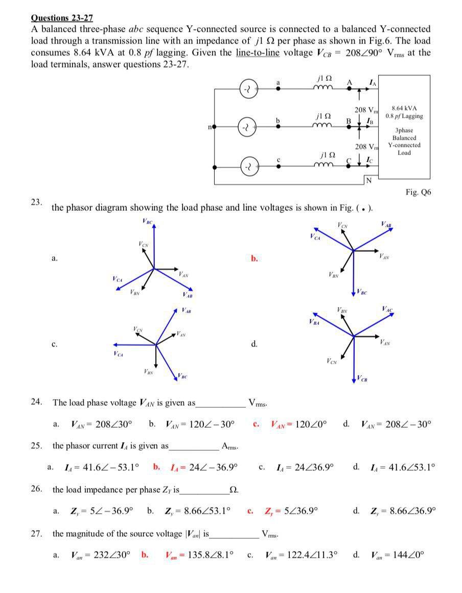 Solved Questions 23-27 A balanced three-phase abc sequence | Chegg.com