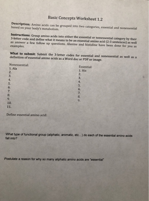 Solved Basic Concepts Worksheet 1.2 Description: Amino acids | Chegg.com