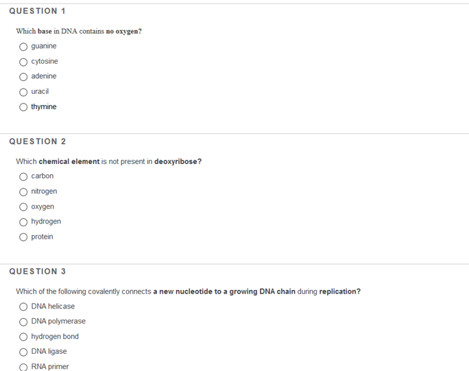 Solved QUESTION 1 Which base in DNA contains no oxygen? | Chegg.com