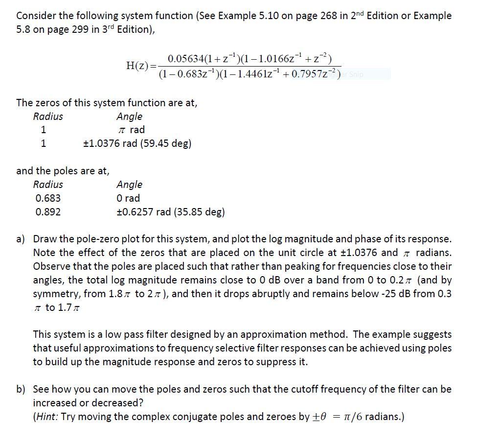 Consider the following system function (See Example | Chegg.com