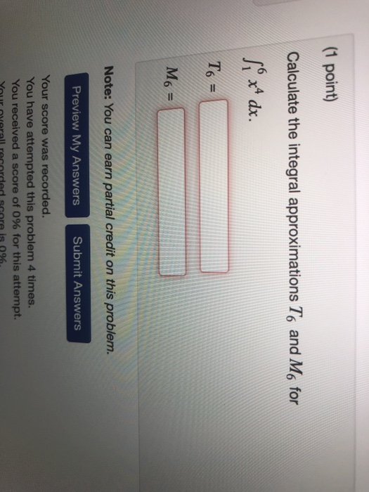 Solved (1 point) Calculate the integral approximations T6 | Chegg.com