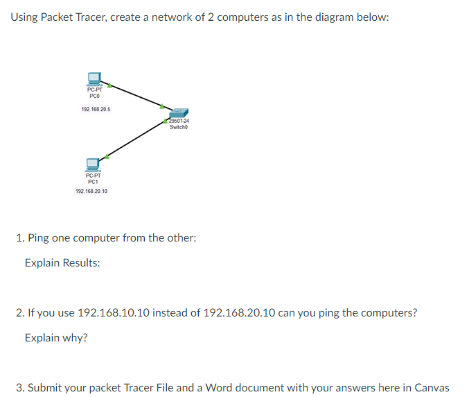 Using Packet Tracer, create a network of 2 computers | Chegg.com